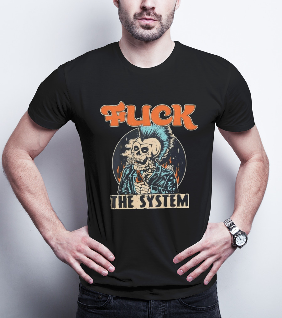Fuck The System Punk Skeleton Smoking Beer Mohawk Jacket Spikes T-Shirt