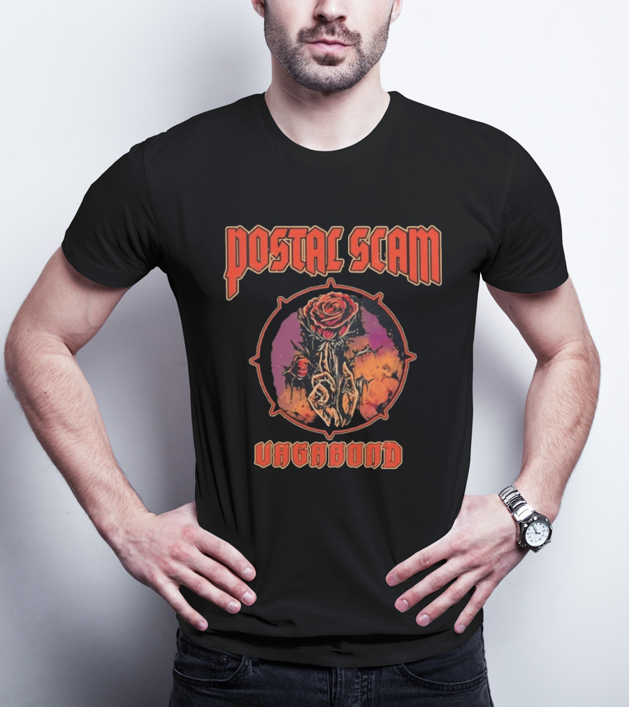 Postal Scam Vagabond Rose Skull Skeleton Hand Heavy Metal T-Shirt