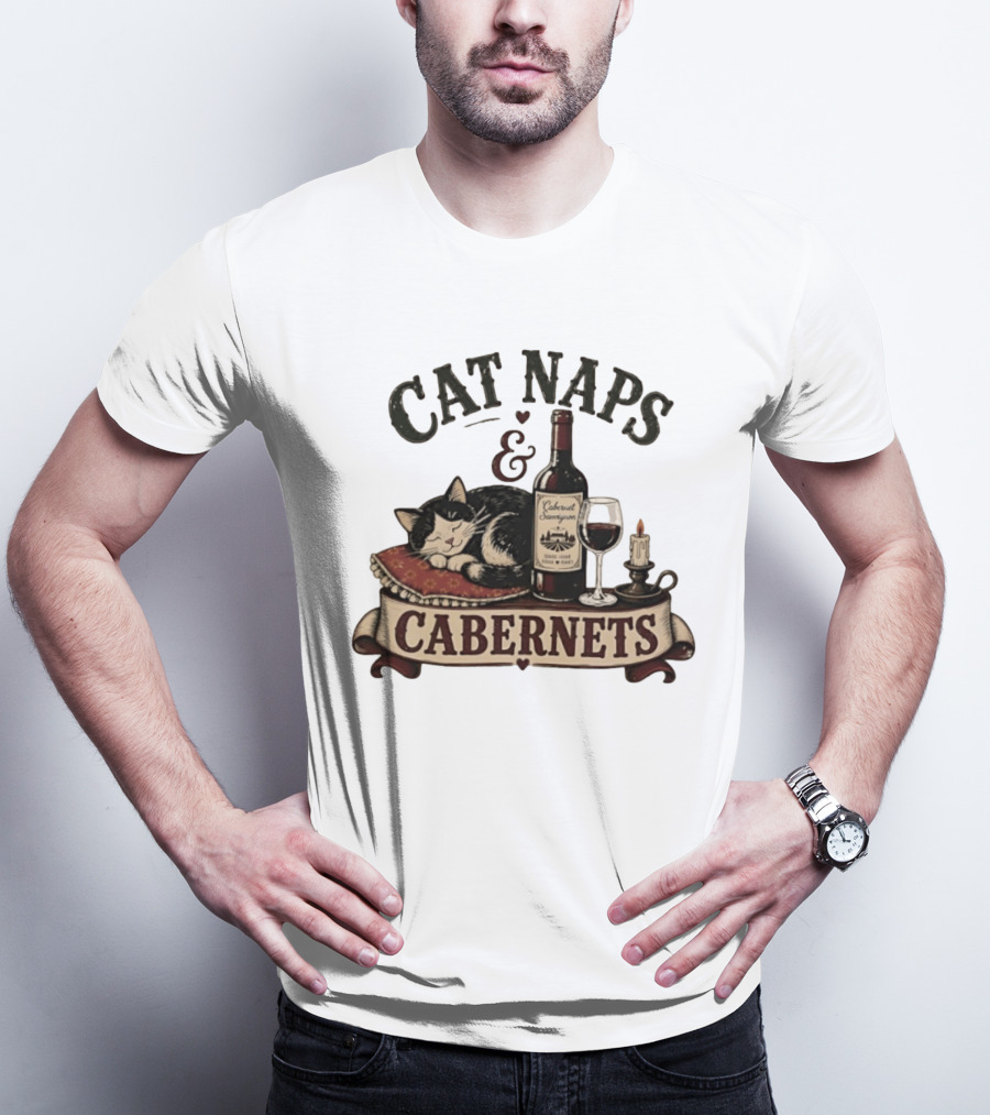 Cat Naps And Cabernet Sauvignon With Cozy Cat And Candle T-Shirt