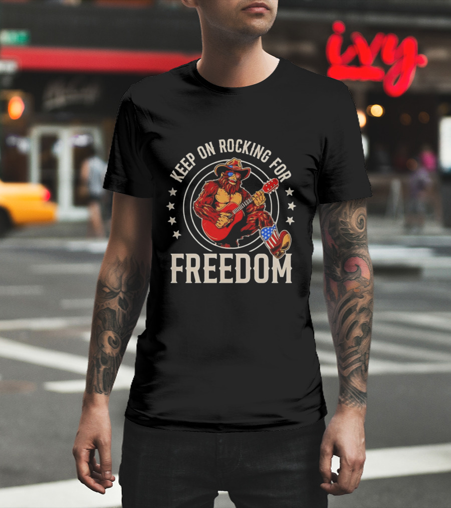 Keep On Rocking For Freedom Bigfoot Sasquatch American Flag Patriotic Guitar T-Shirt