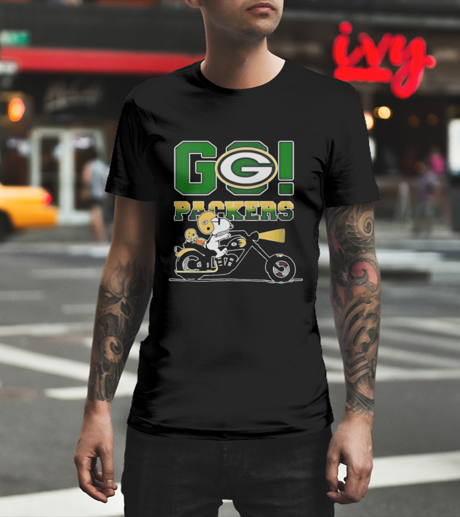 Snoopy Riding Motorcycle Go Packers NFL Fan Celebration T-Shirt