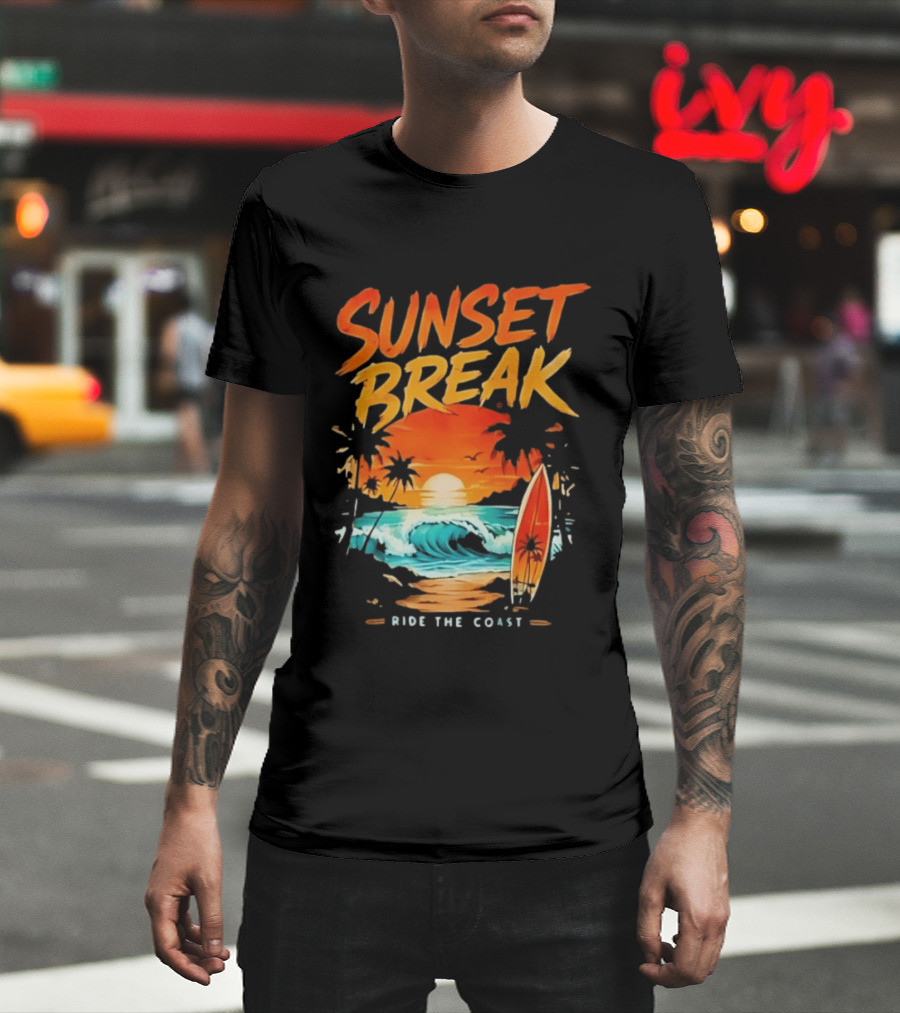 Sunset Break Surfing Ride The Coast Ocean Waves And Surfboard Scene T-Shirt