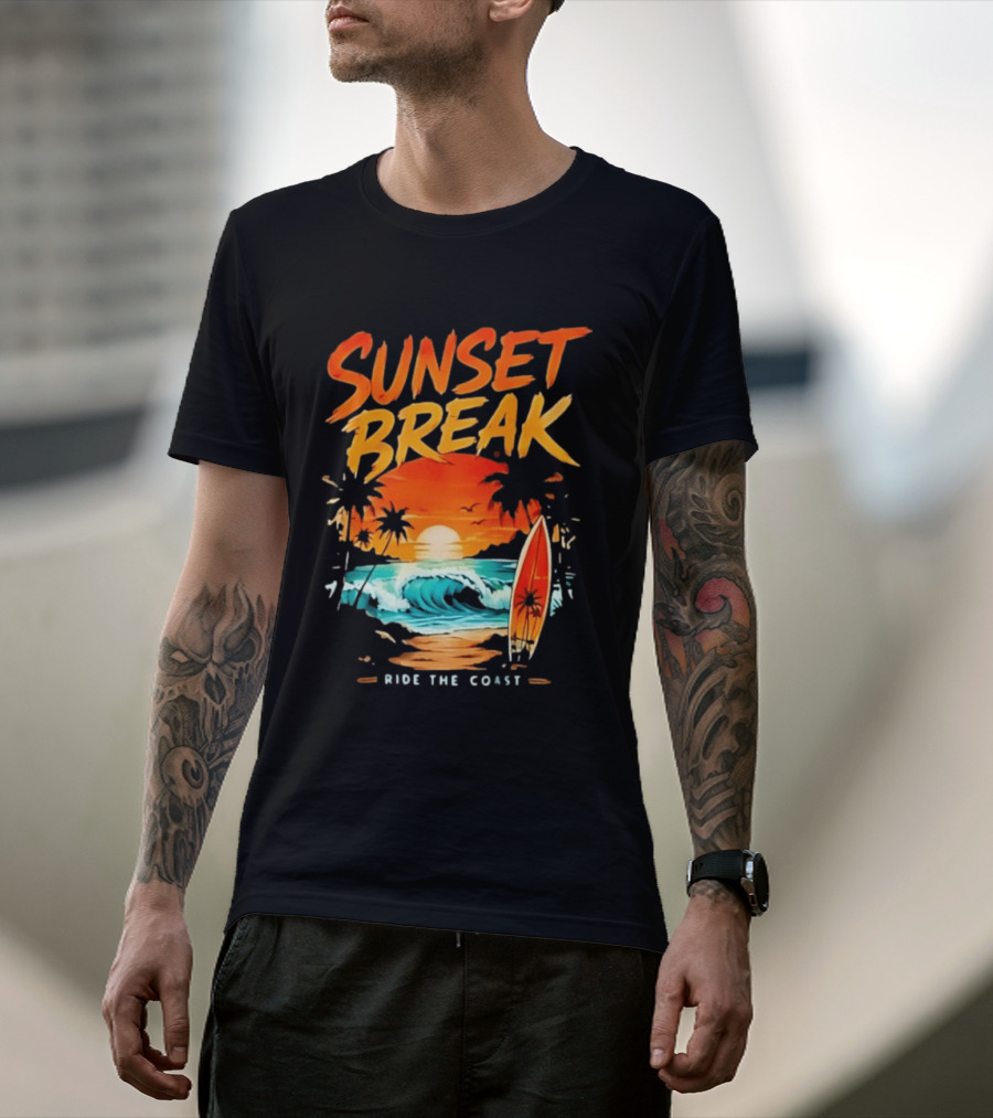Sunset Break Surfing Ride The Coast Ocean Waves And Surfboard Scene T-Shirt