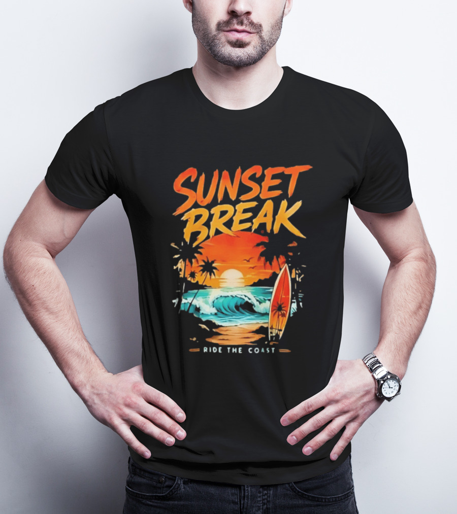 Sunset Break Surfing Ride The Coast Ocean Waves And Surfboard Scene T-Shirt