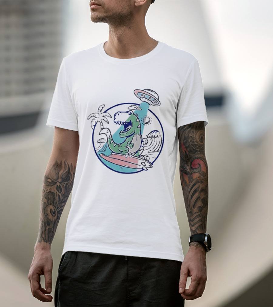 UFO Surfing Dinosaur With Palm Trees And Waves T-Shirt