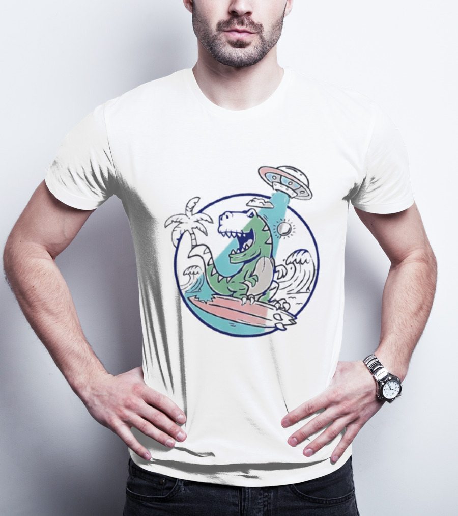 UFO Surfing Dinosaur With Palm Trees And Waves T-Shirt