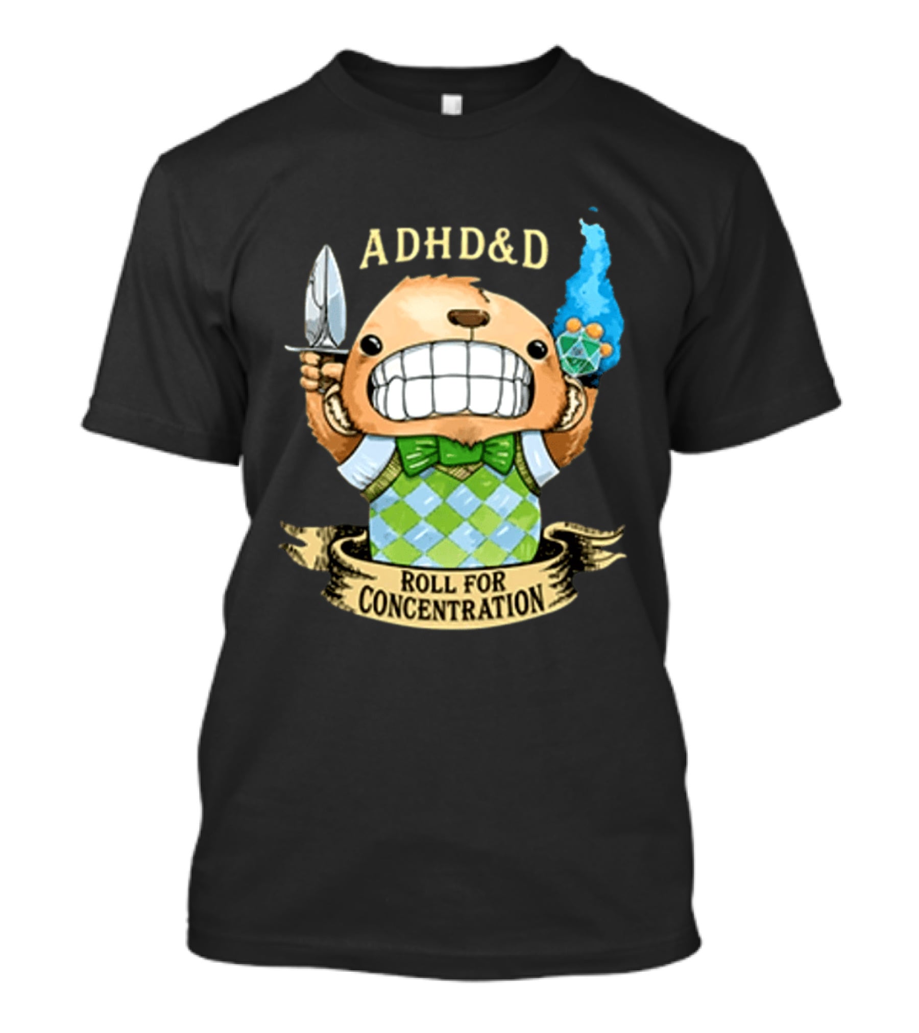 ADHD&D Roll For Concentration Bear With Knife And Dice T-Shirt