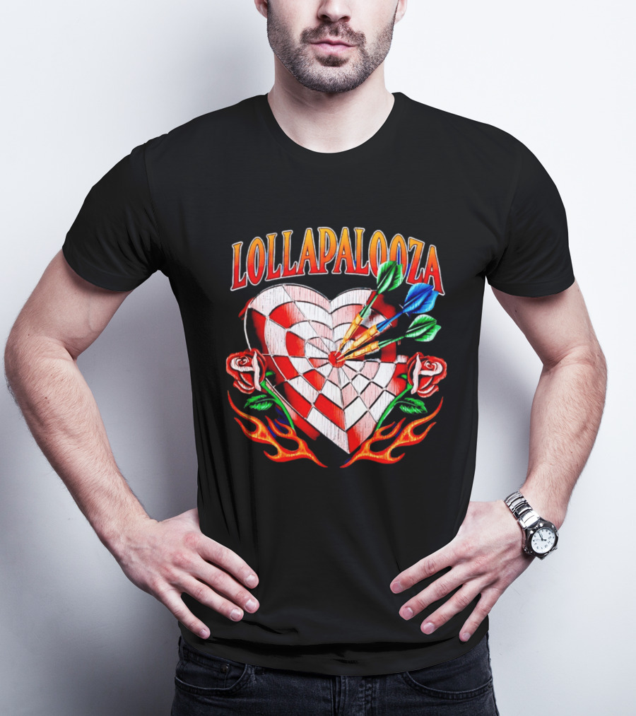 Lollapalooza Heart Dartboard With Roses And Flames T-Shirt