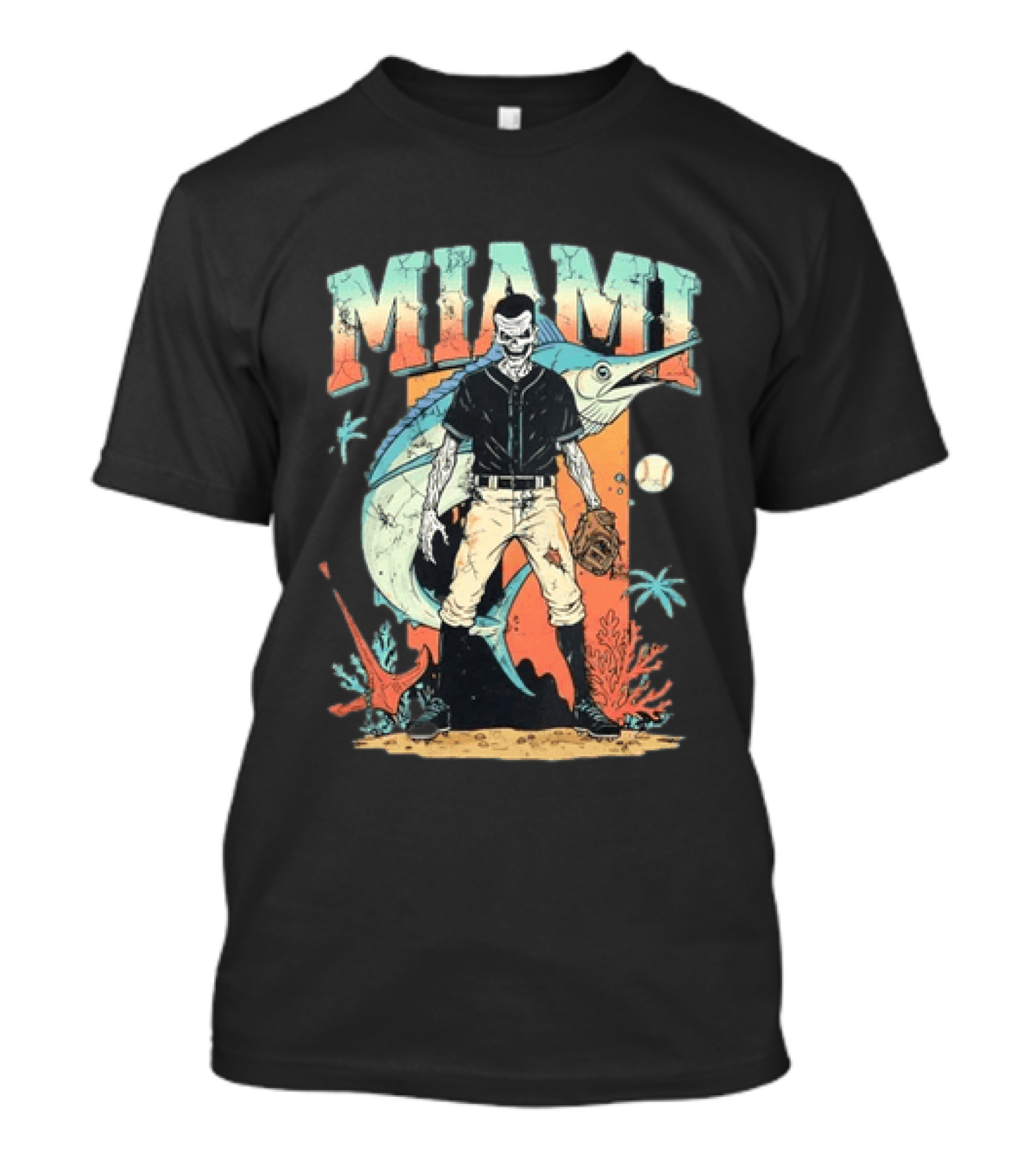 Miami Marlins Skeleton Baseball Player With Marlin And Tropical Vibes T-Shirt