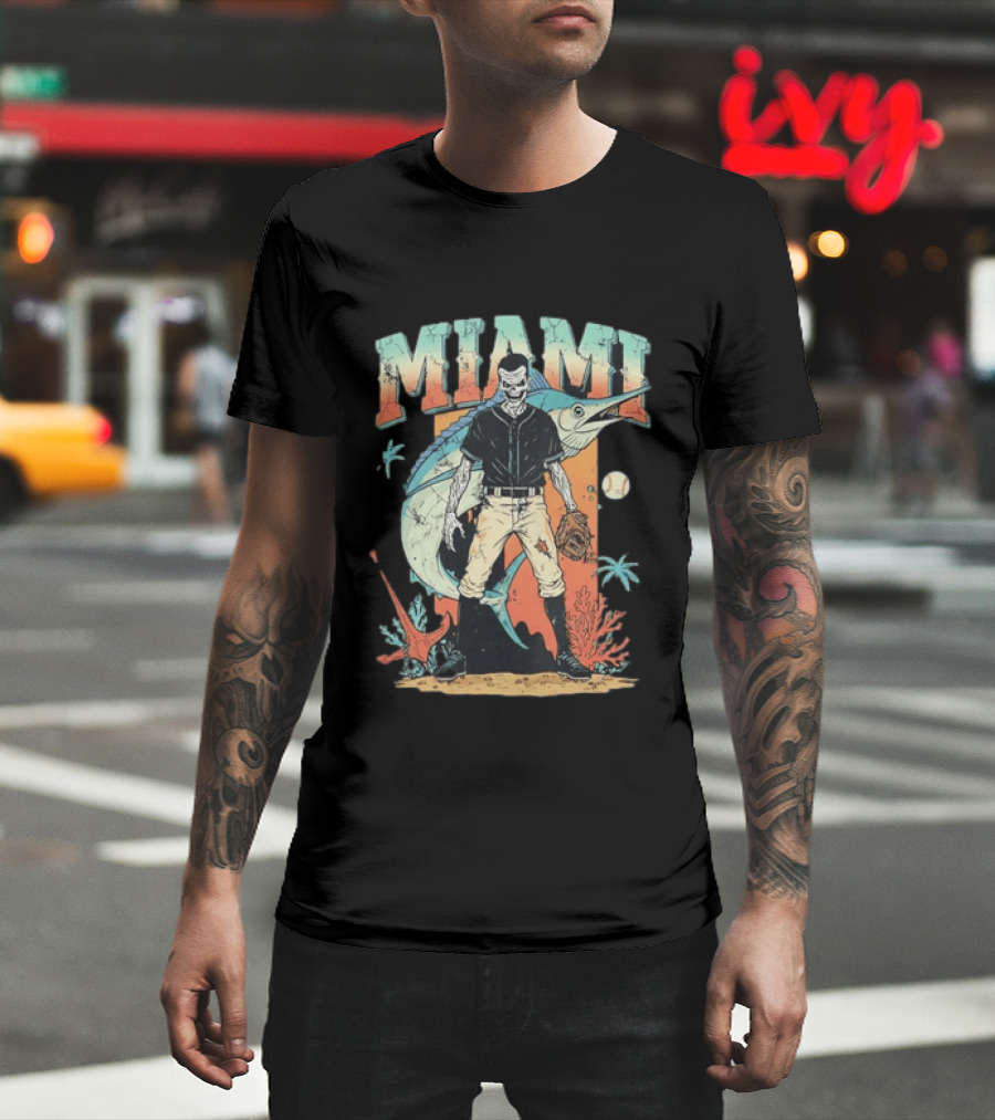 Miami Marlins Skeleton Baseball Player With Marlin And Tropical Vibes T-Shirt
