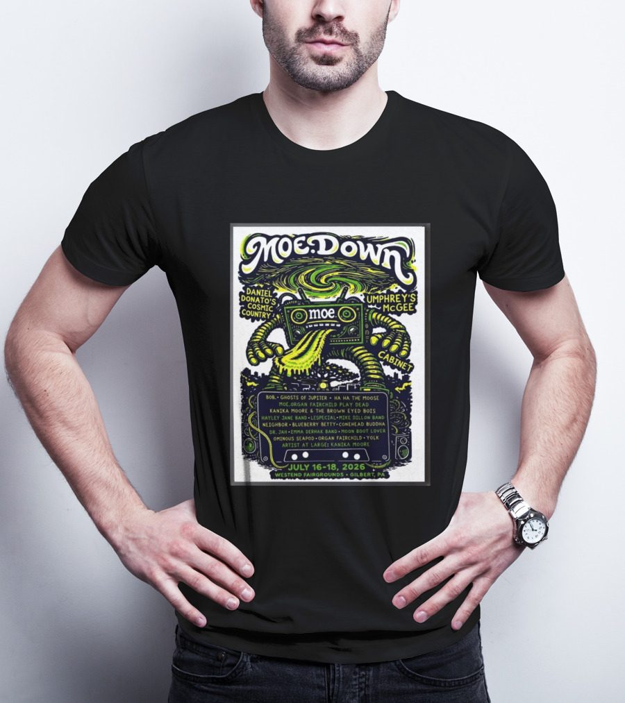 Moe Down Festival July 16 18 2026 Featuring Umphrey's McGee Cabinet Daniel Donato At Westend Fairgrounds Gilbert PA T-Shirt