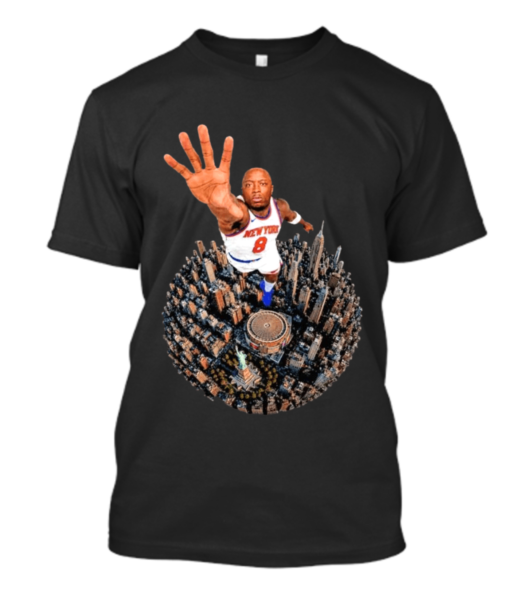 New York Basketball Player Over Cityscape Statue At Madison Square Garden T-Shirt