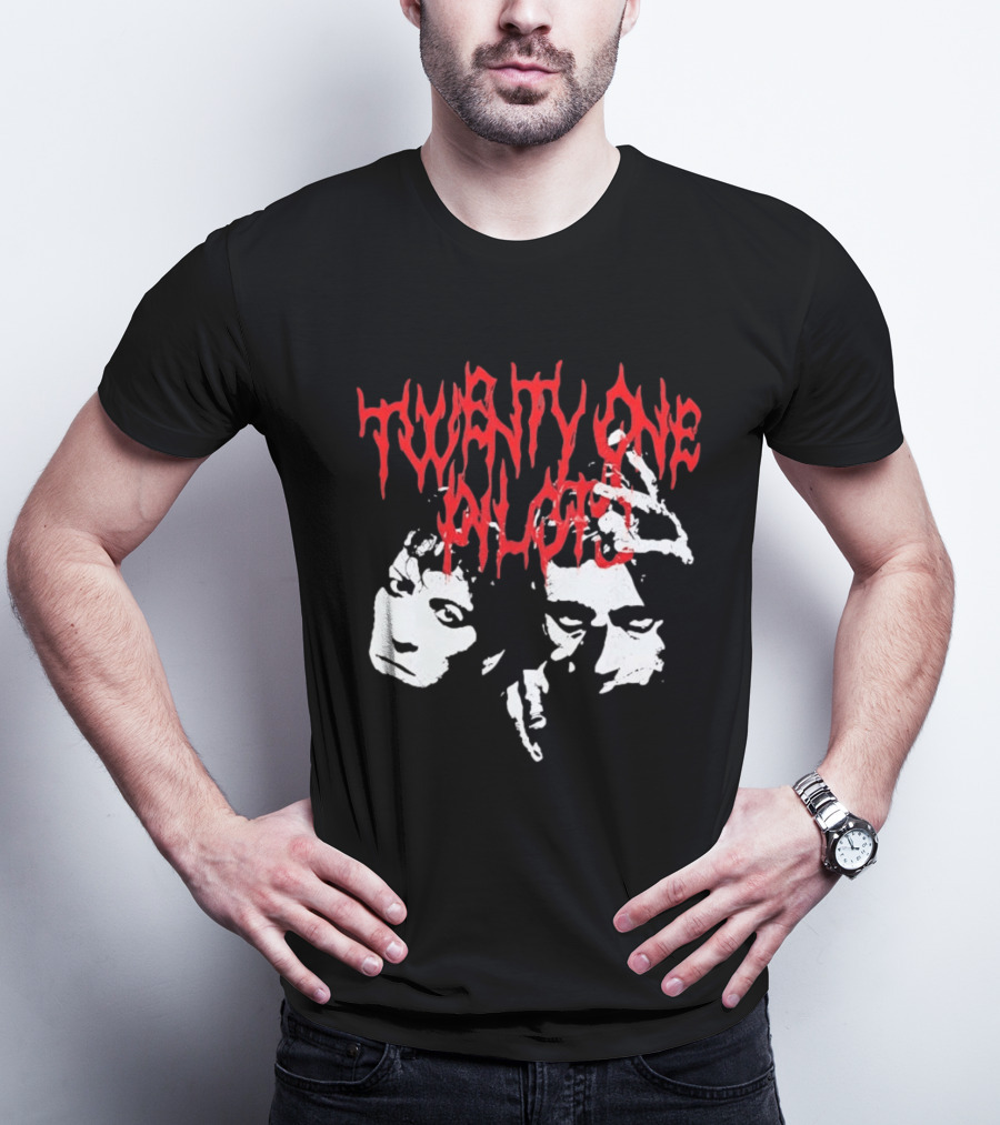 Twenty One Pilots Red Text Band Members Faces Dark Metal T-Shirt