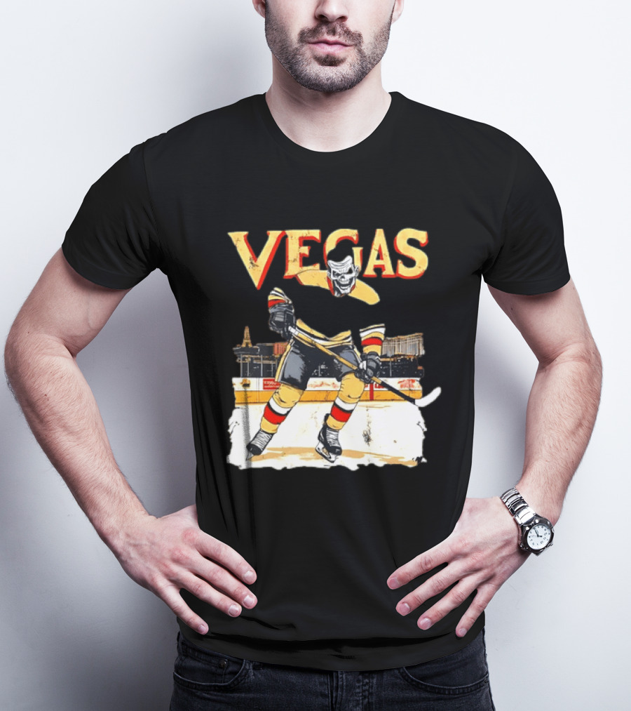Vegas Hockey Skull Ice Arena Skyline Scene T-Shirt