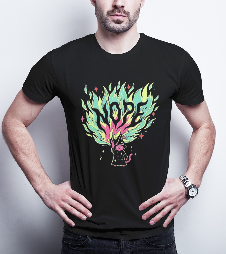 NOPE Wizard Cat Fire Magic Spell Casting Mystical Fantasy Kitten T-Shirt