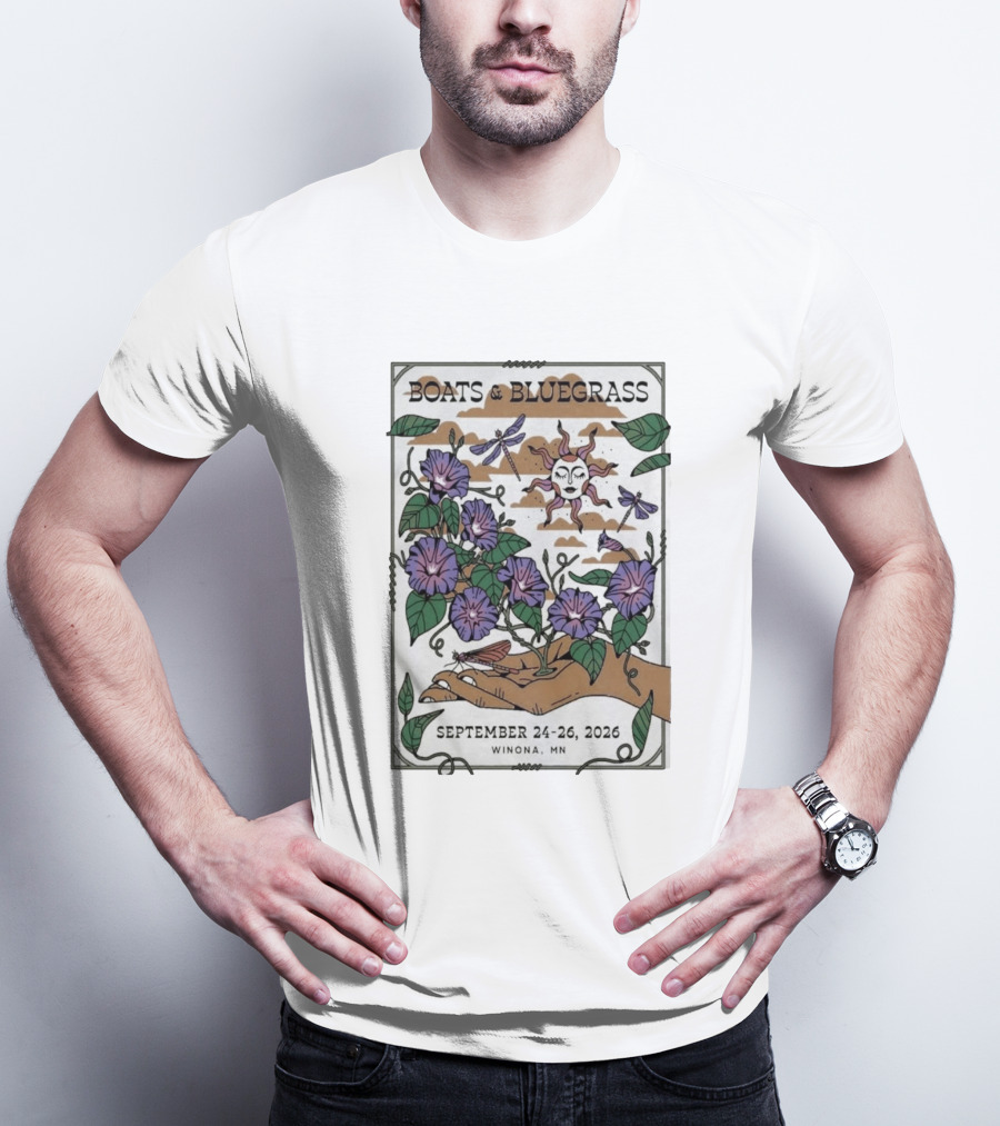 Boats And Bluegrass Winona MN September 24 26 2026 Sun Dragonflies Flowers Music Festival T-Shirt