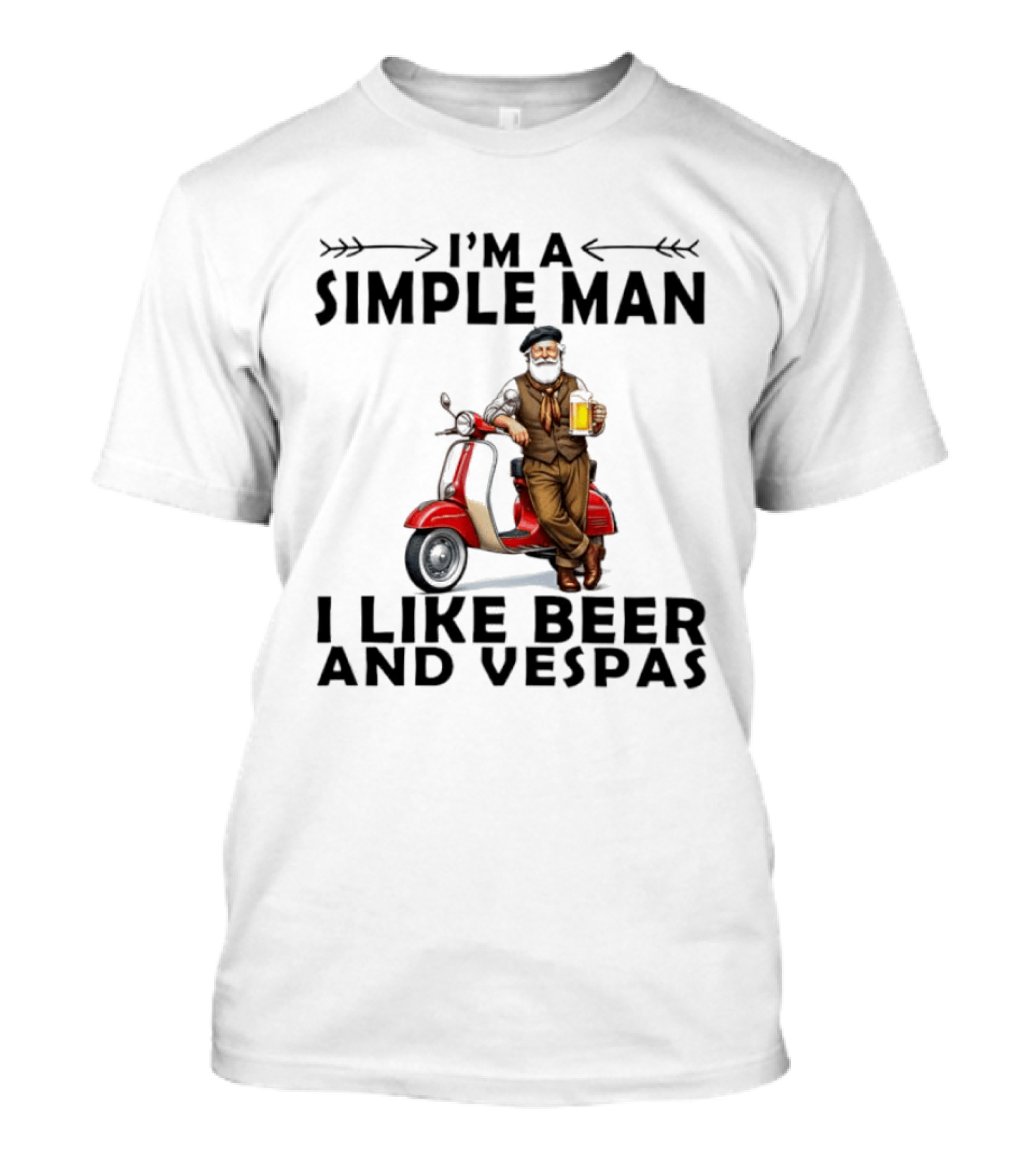 I'm A Simple Man I Like Beer And Vespas Man With Beer And Scooter T-Shirt