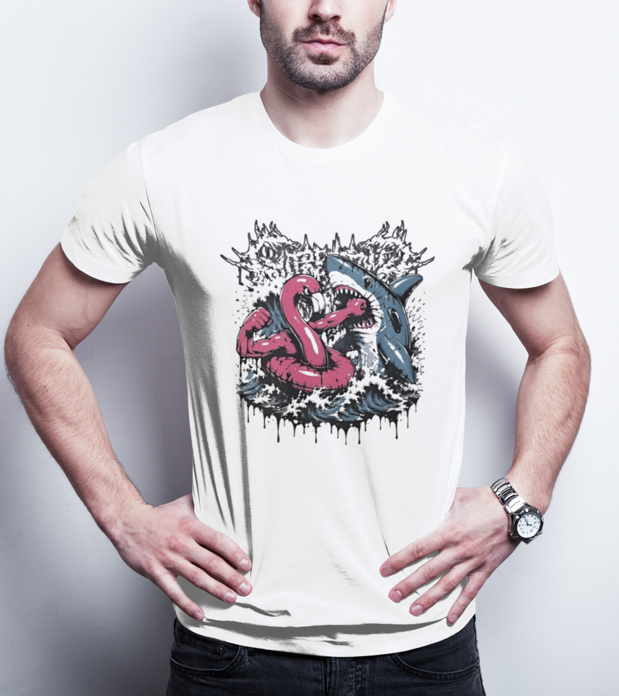 Flamingo Float Shark Fight Waves Duel T-Shirt