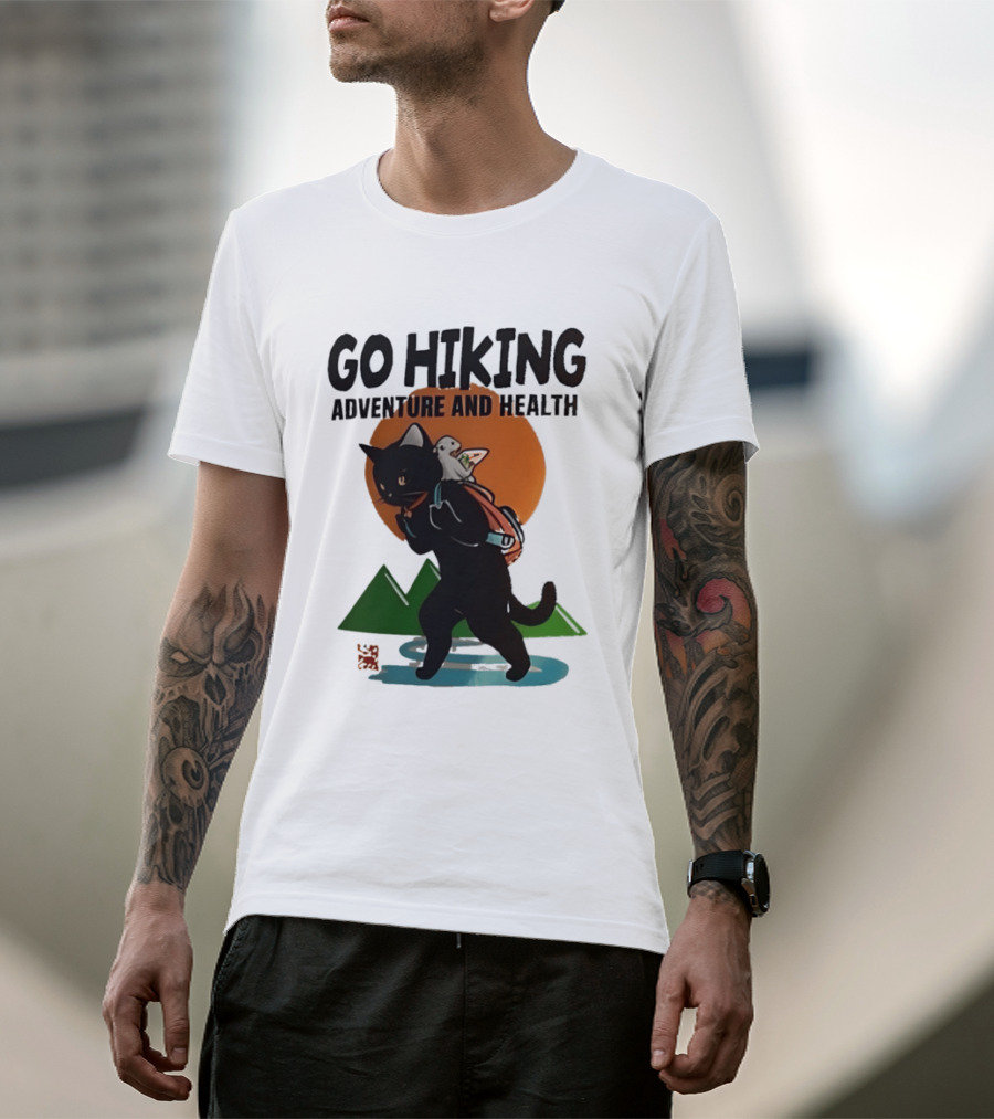 Go Hiking Adventure And Health Black Cat With Backpack And Bird T-Shirt