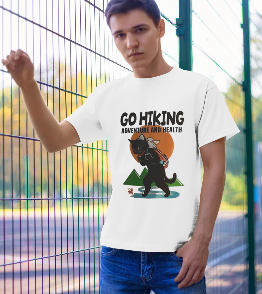 Go Hiking Adventure And Health Black Cat With Backpack And Bird T-Shirt