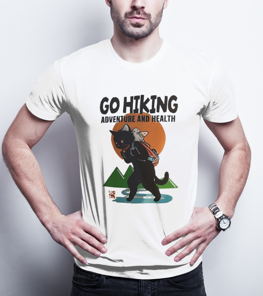 Go Hiking Adventure And Health Black Cat With Backpack And Bird T-Shirt