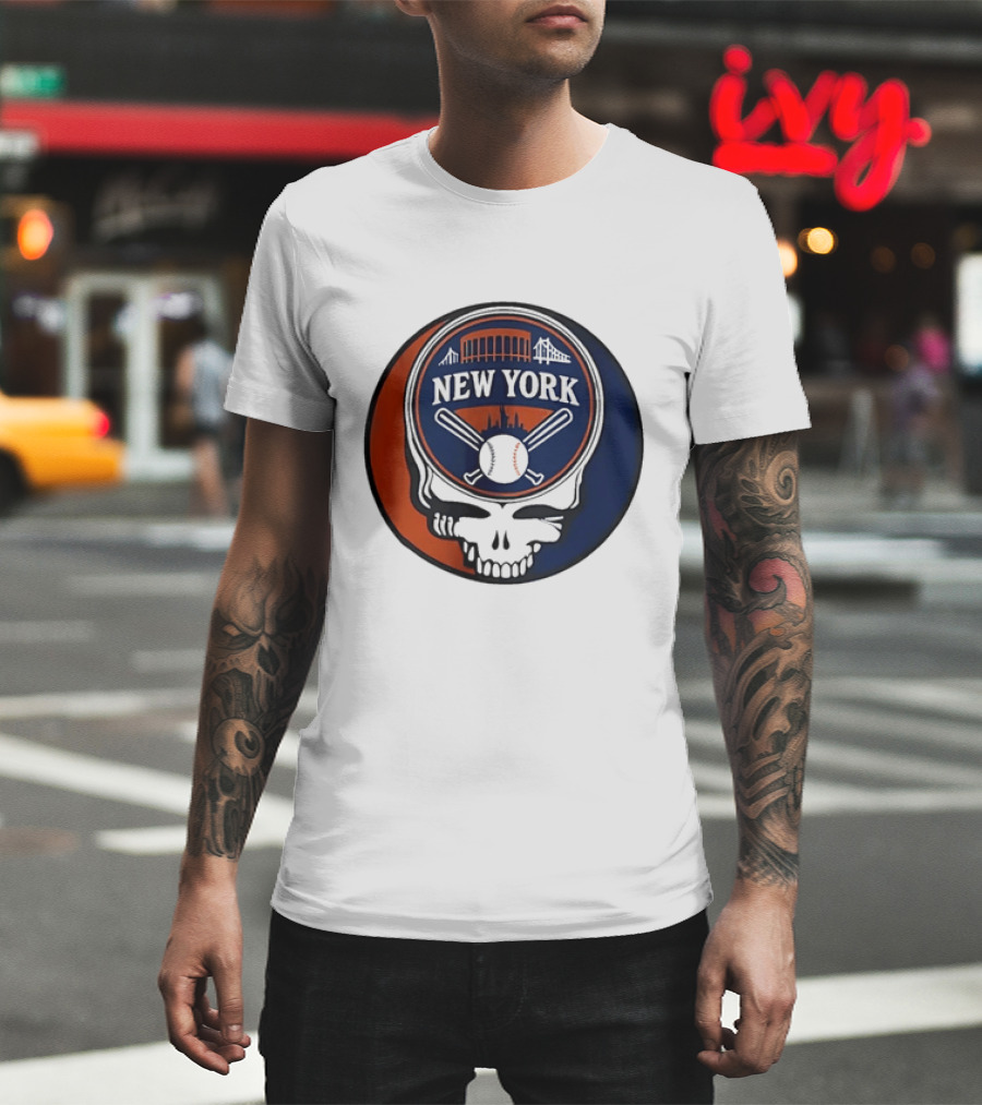 New York Mets Grateful Dead Skull Baseball Orange Blue Stadium T-Shirt
