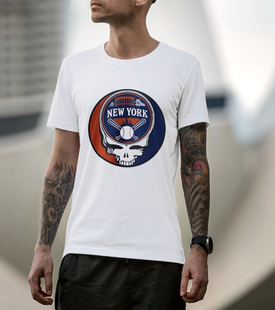 New York Mets Grateful Dead Skull Baseball Orange Blue Stadium T-Shirt