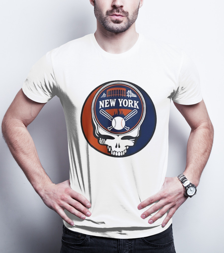 New York Mets Grateful Dead Skull Baseball Orange Blue Stadium T-Shirt