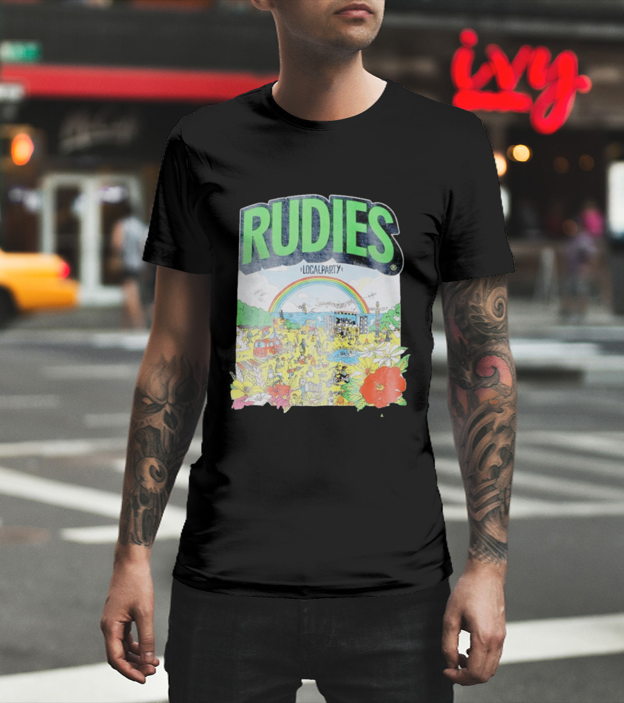 Rudie's 35th Anniversary Local Party Featuring 10 Feet G Freak Factory Dustboz Colorful Celebration With Rainbow And Flowers T-Shirt