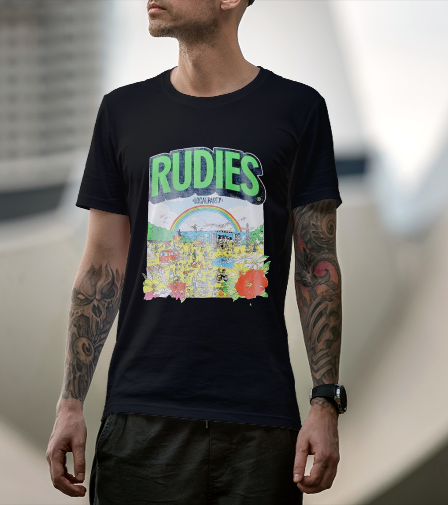 Rudie's 35th Anniversary Local Party Featuring 10 Feet G Freak Factory Dustboz Colorful Celebration With Rainbow And Flowers T-Shirt
