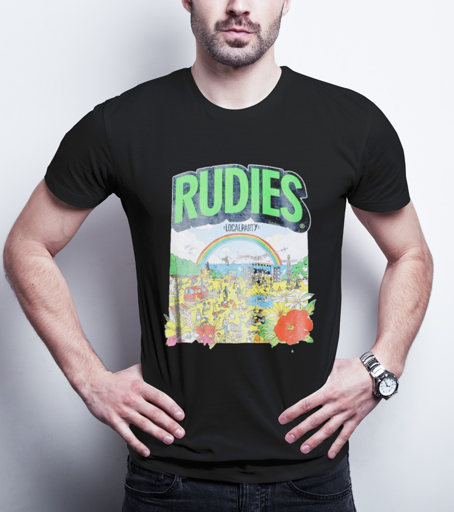 Rudie's 35th Anniversary Local Party Featuring 10 Feet G Freak Factory Dustboz Colorful Celebration With Rainbow And Flowers T-Shirt