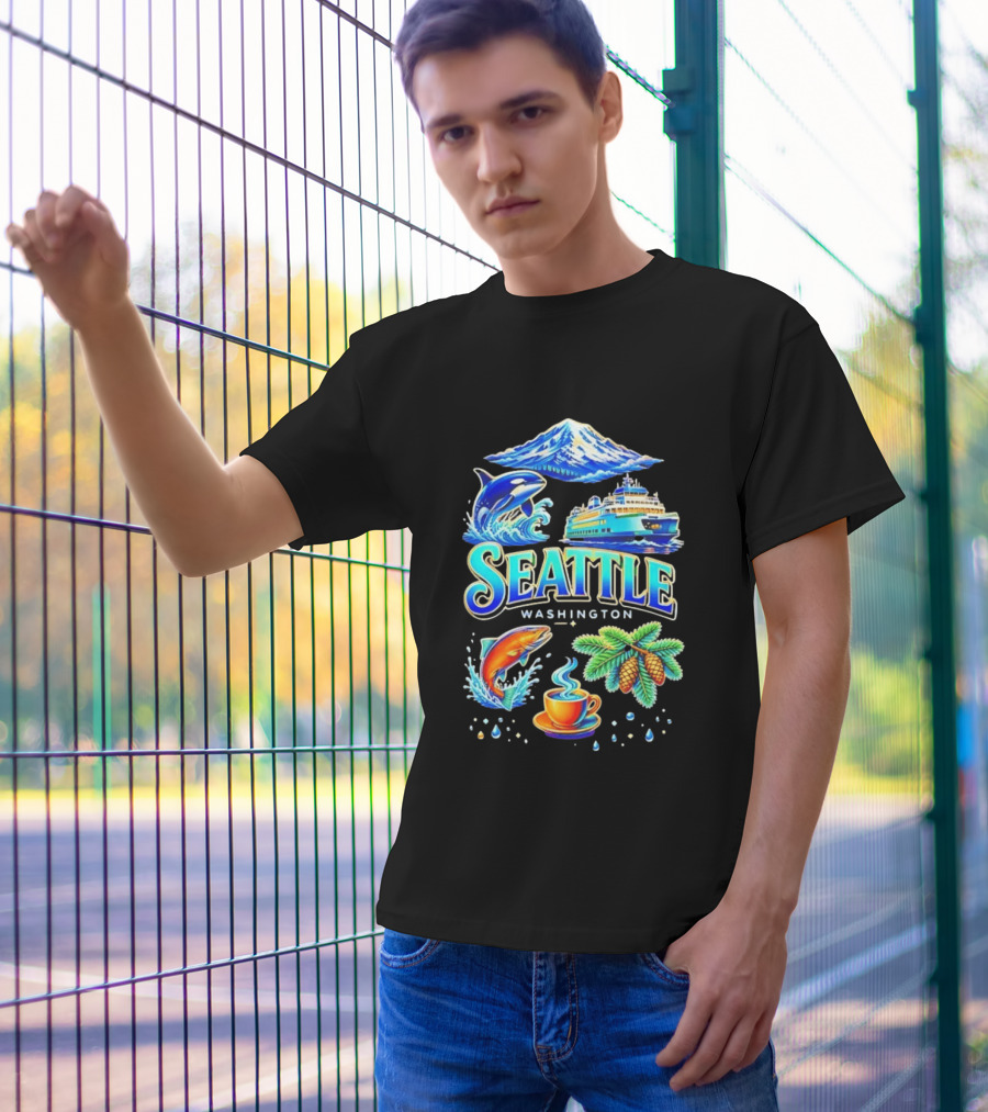 Seattle Washington Orca Whale Ferry Salmon Coffee Pine Cones Mount Rainier T-Shirt