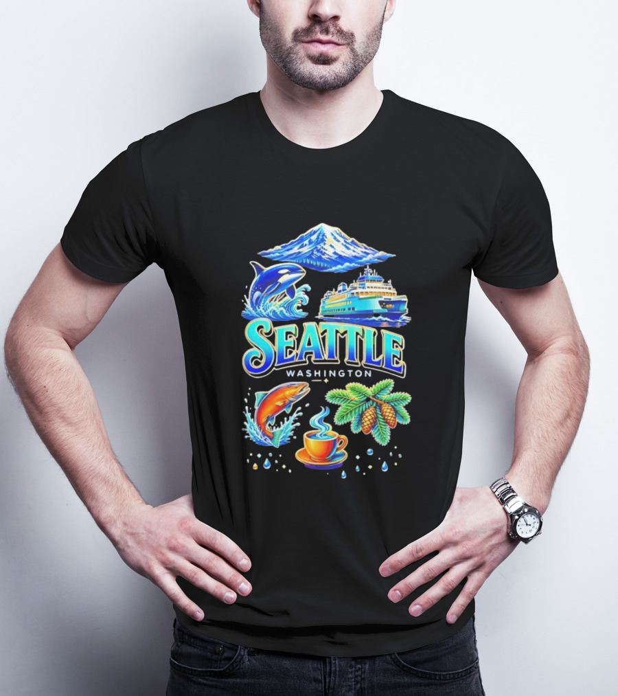 Seattle Washington Orca Whale Ferry Salmon Coffee Pine Cones Mount Rainier T-Shirt