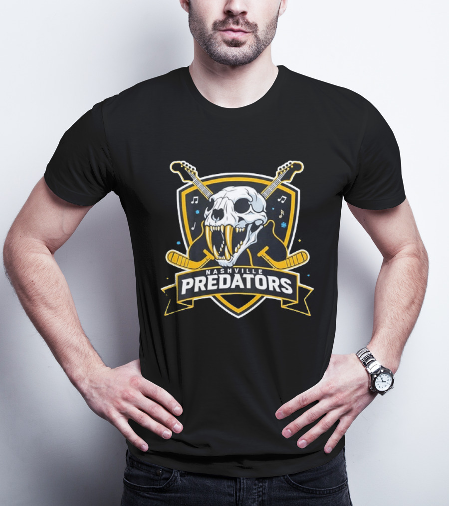 Nashville Predators Hockey Skull With Guitars And Music Notes T-Shirt