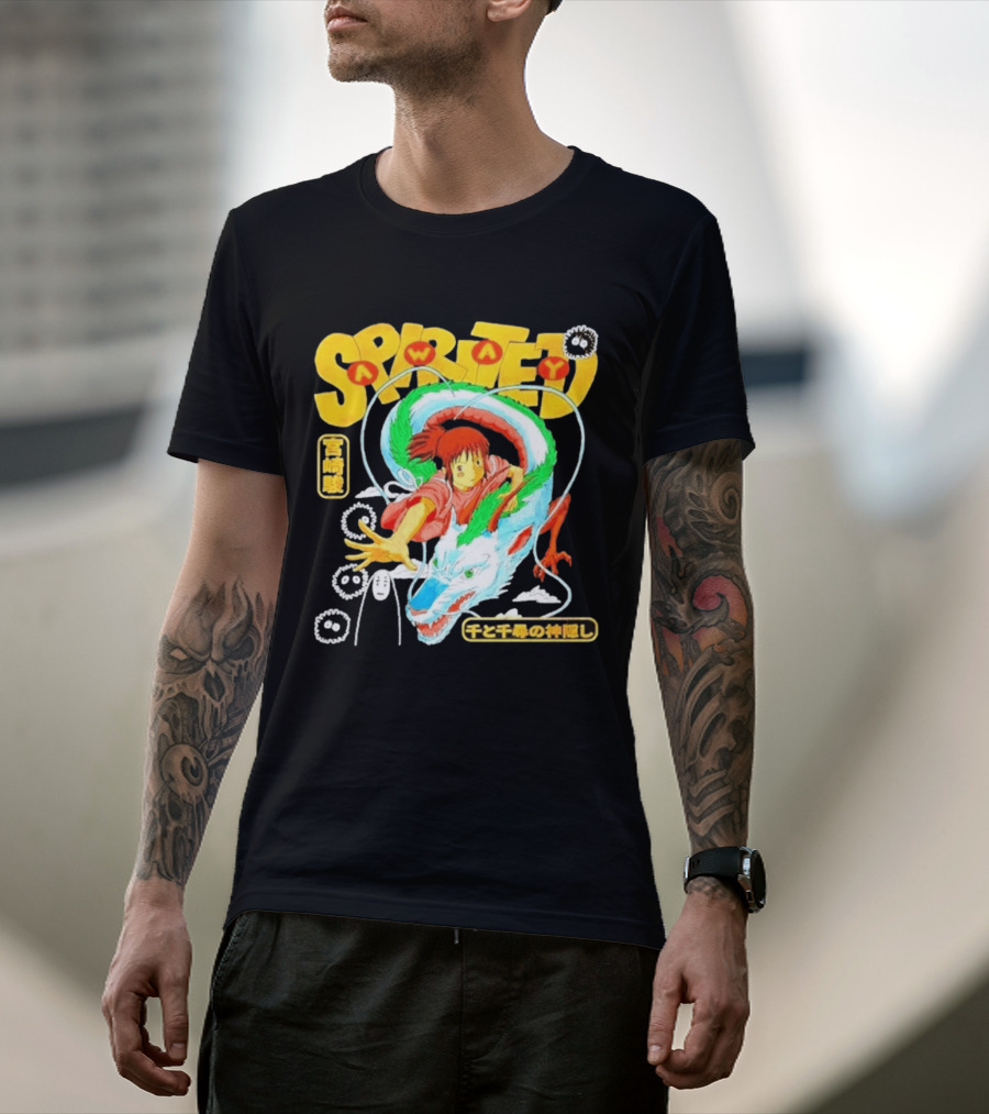 Spirited Away Chihiro Riding Haku Dragon Japanese Text No Face Soot Sprites T-Shirt