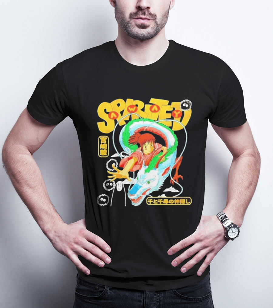 Spirited Away Chihiro Riding Haku Dragon Japanese Text No Face Soot Sprites T-Shirt
