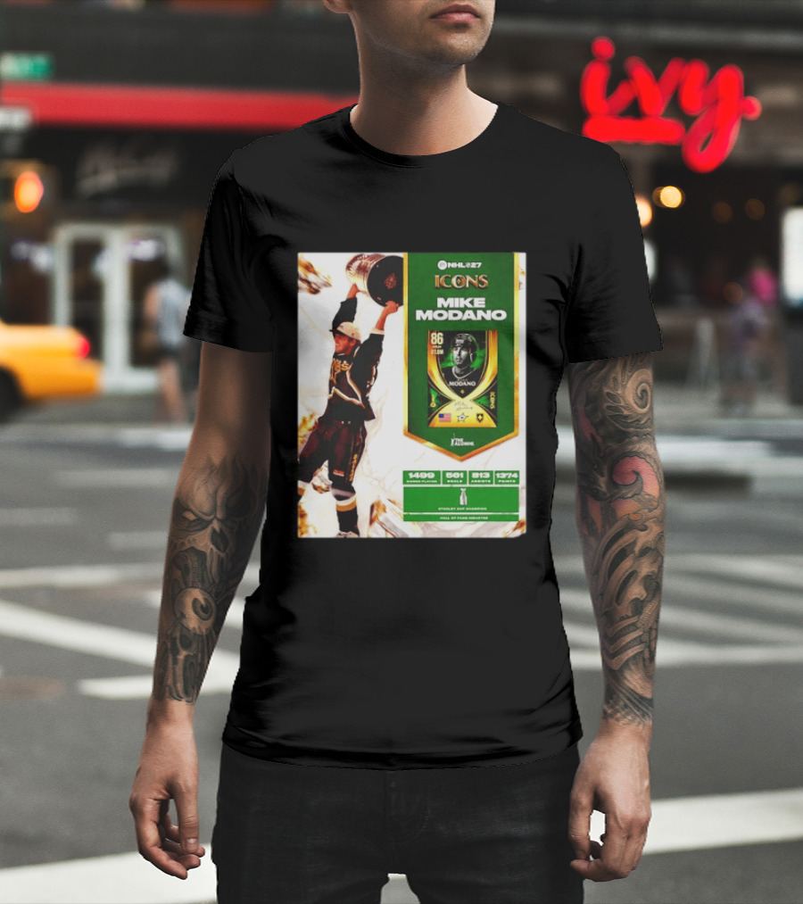 NHL 27 Icons Mike Modano Dallas Stars Player Stats And Achievements T-Shirt