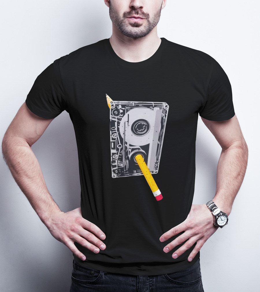 Rewind The Past Cassette Tape Pencil T-Shirt