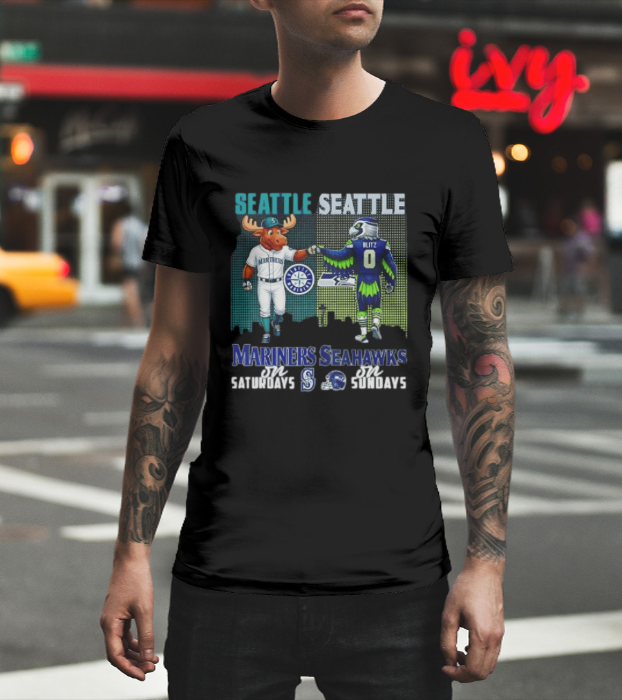 Seattle Mariners Moose And Seahawks Blitz On Saturdays Sundays T-Shirt
