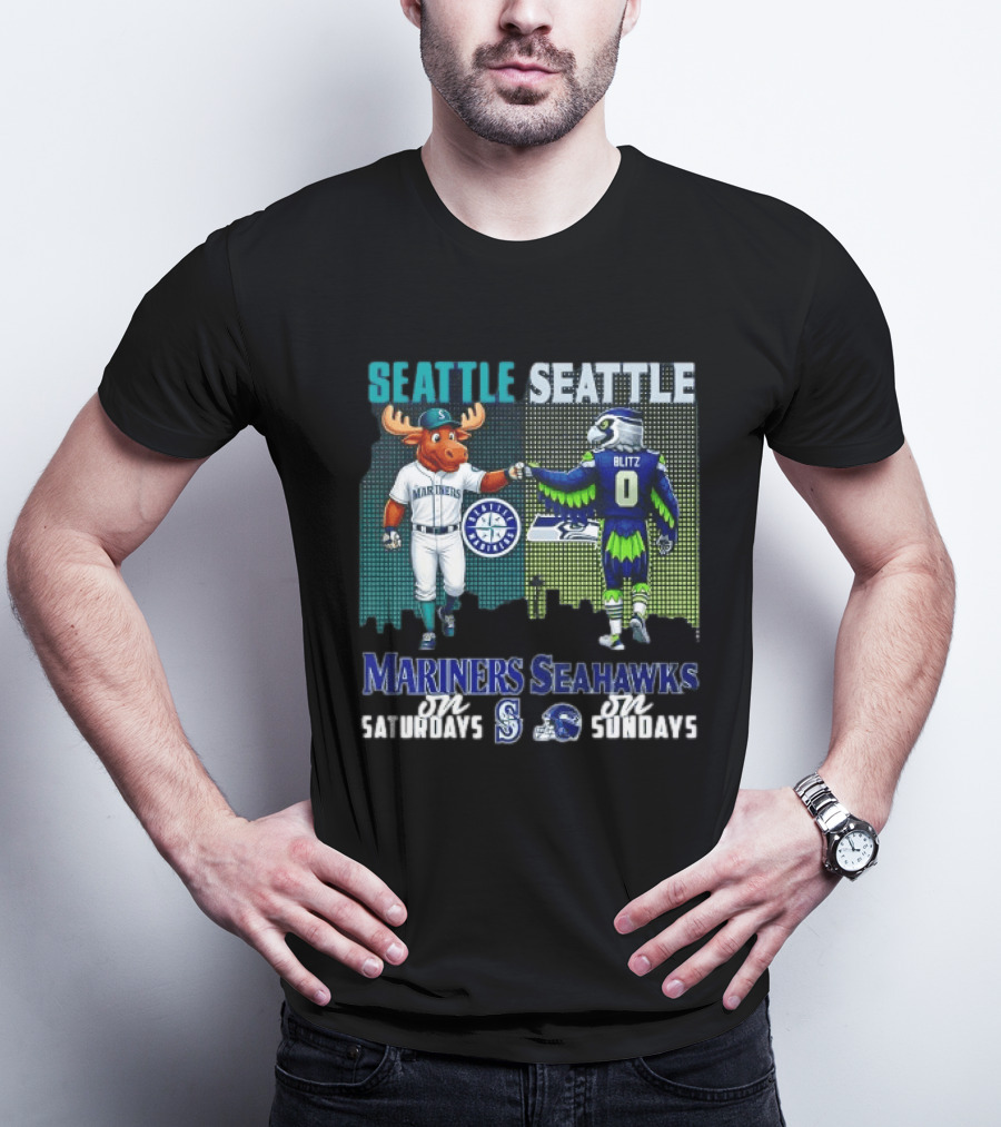 Seattle Mariners Moose And Seahawks Blitz On Saturdays Sundays T-Shirt