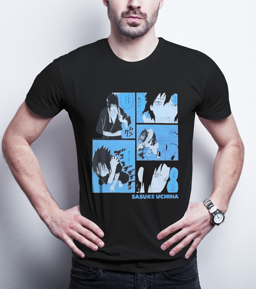 Sasuke Uchiha Cursed Seal Battle Manga Panels Blue Version T-Shirt