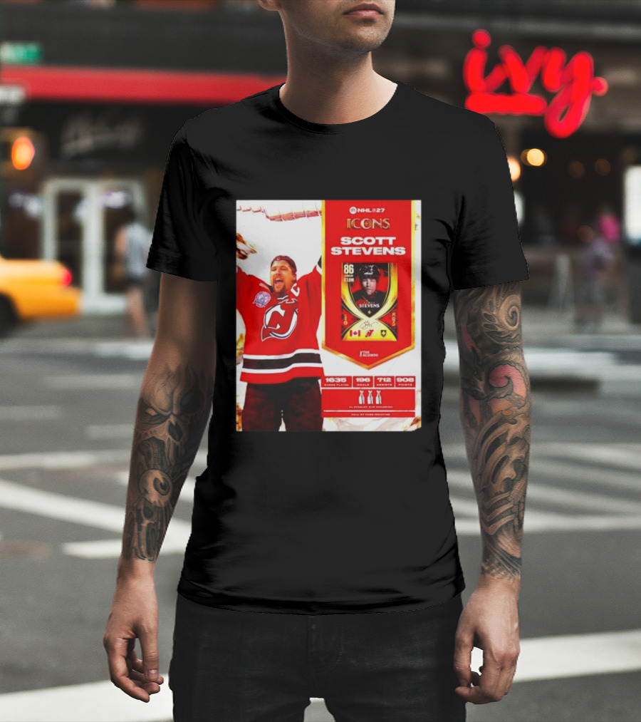 NHL 27 Icons Scott Stevens New Jersey Devils Hall Of Fame Legend T-Shirt