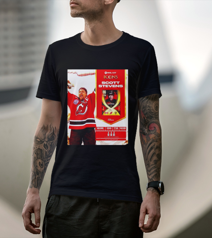 NHL 27 Icons Scott Stevens New Jersey Devils Hall Of Fame Legend T-Shirt