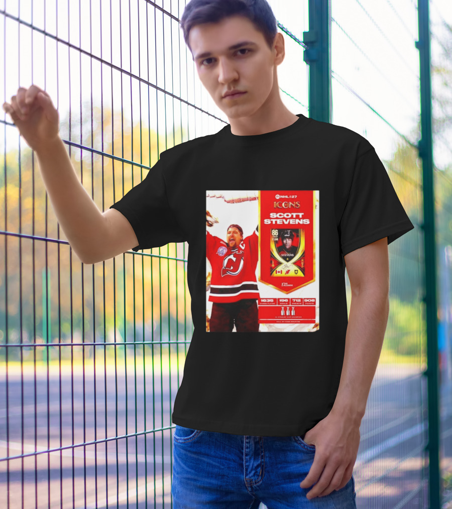 NHL 27 Icons Scott Stevens New Jersey Devils Hall Of Fame Legend T-Shirt