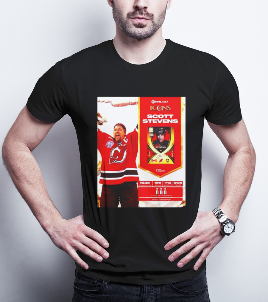 NHL 27 Icons Scott Stevens New Jersey Devils Hall Of Fame Legend T-Shirt