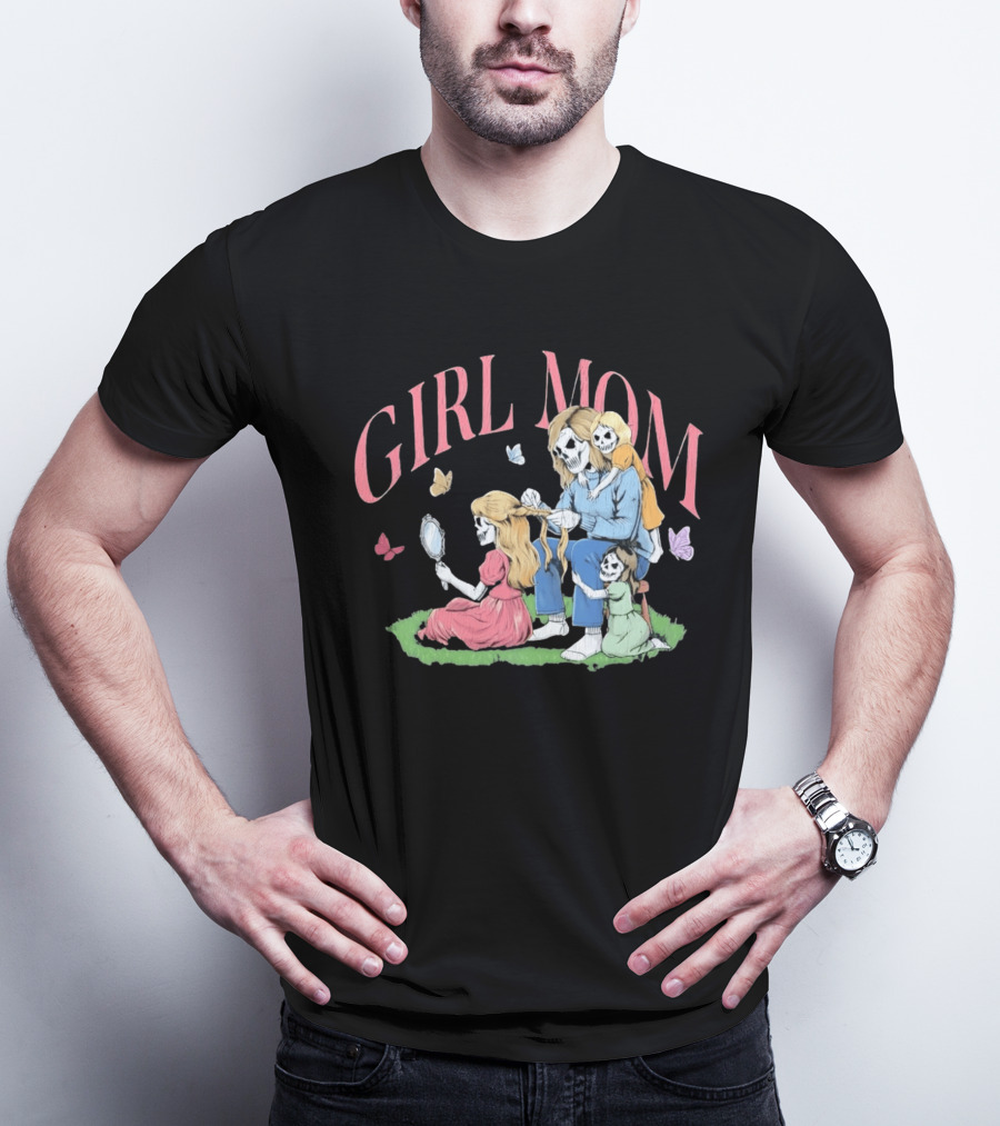 Girl Mom Skeleton Mother Braiding Hair With Daughters And Butterflies T-Shirt