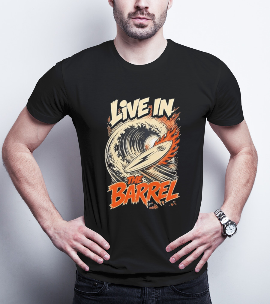 Live In The Barrel Flaming Surfboard Surf T-Shirt