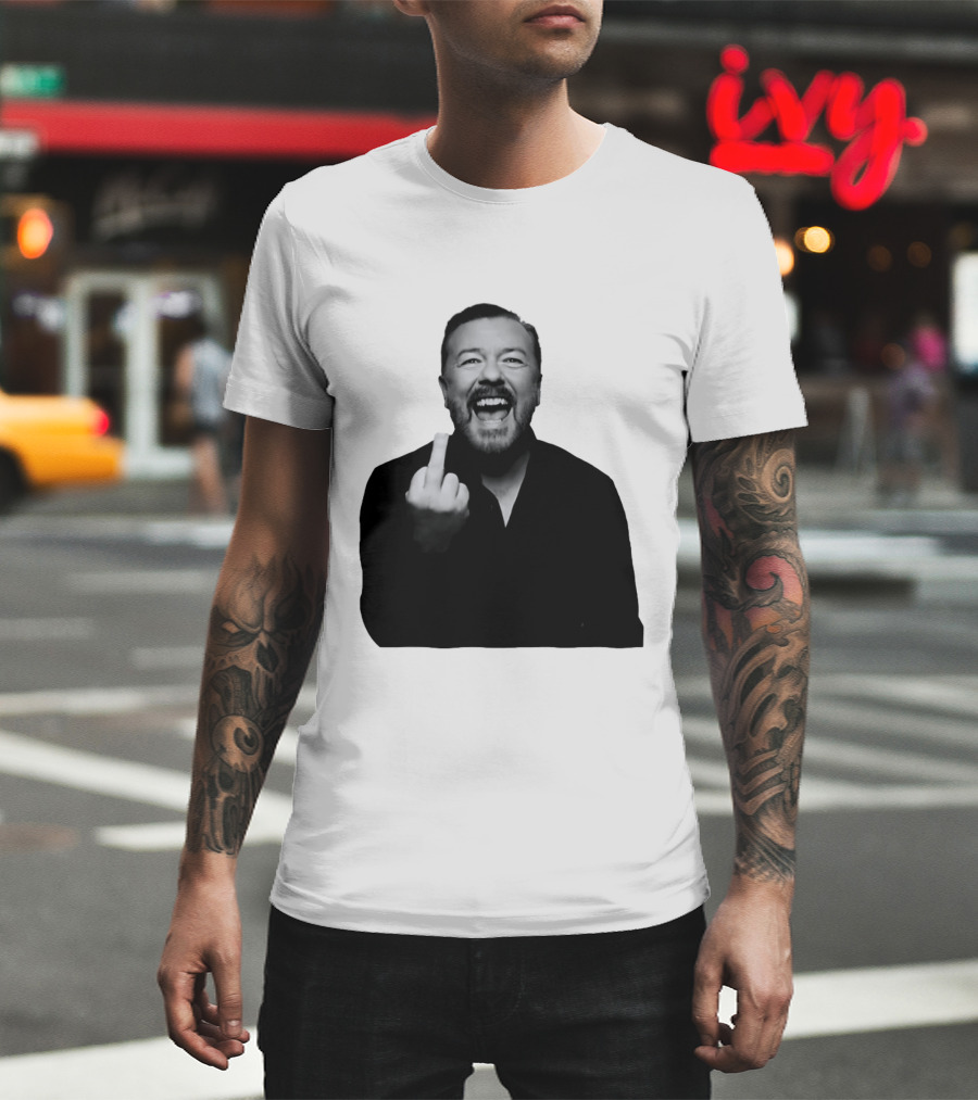 Anh Ricky Gervais Laughing Middle Finger Gesture T-Shirt