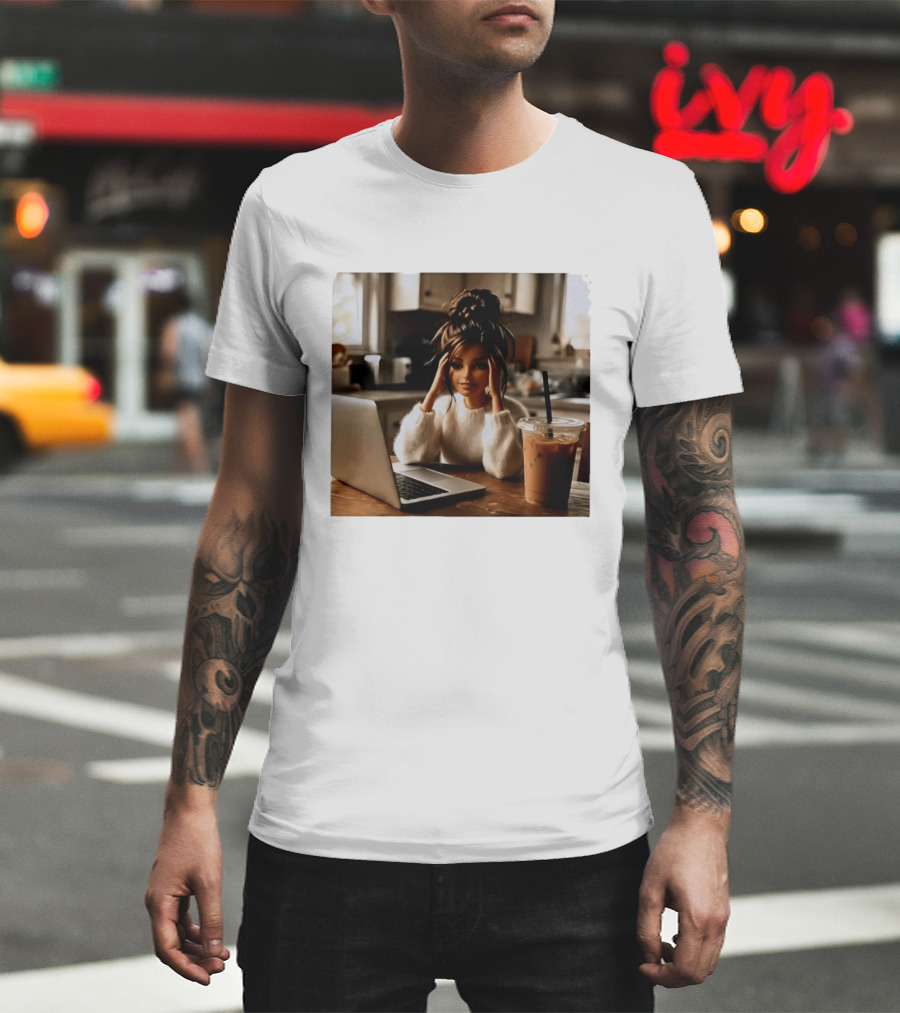 Crashing Out Barbie Girl With Coffee And Laptop Vibes T-Shirt