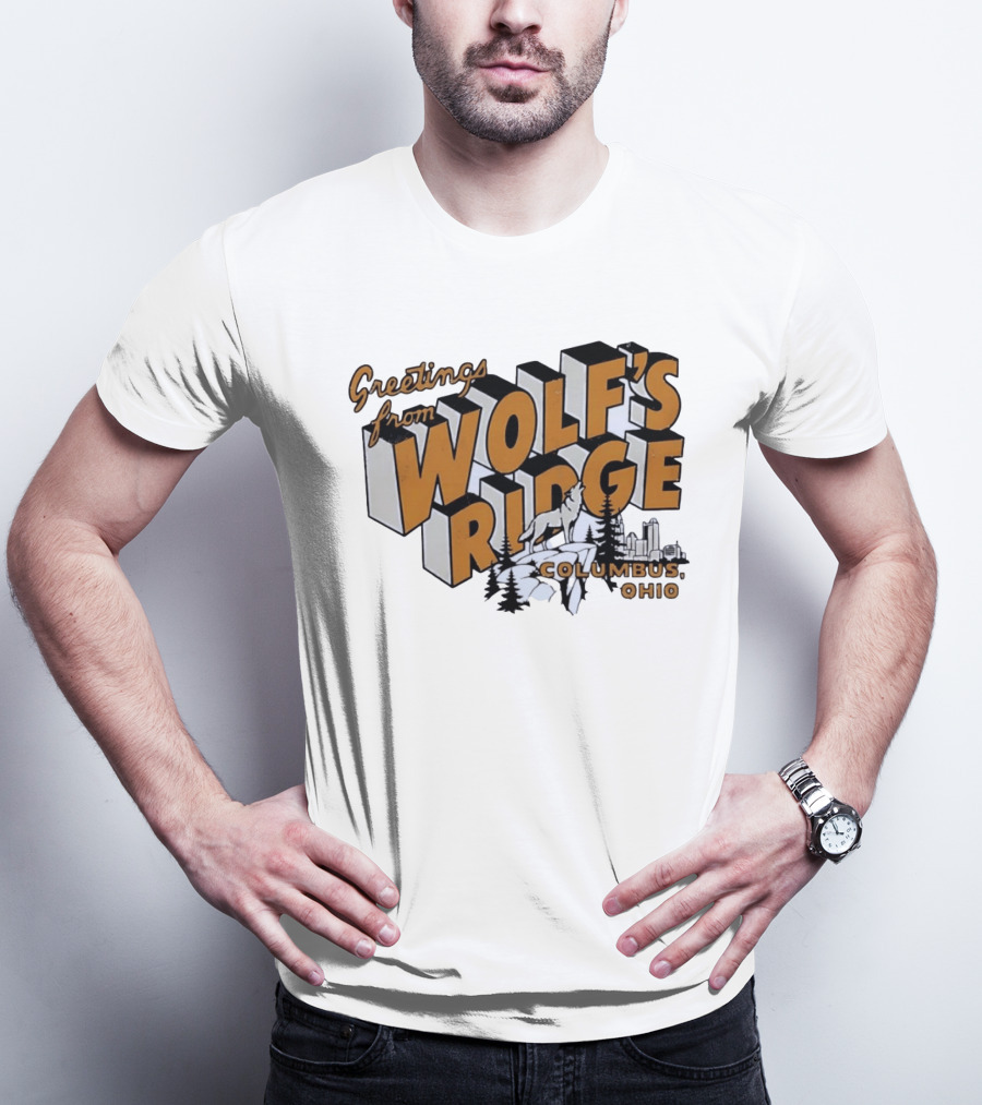 Greetings From Wolf's Ridge Columbus Ohio Wolf And Skyline Scene T-Shirt